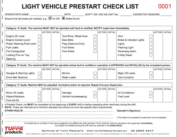 DB01 LIGHT VEHICLE PRESTART CHECKLIST BOOK | Alliance Safety