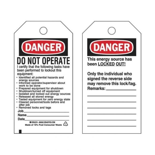 65515 DANGER DO NOT OPERATE LOCKOUT TAGS - REVERSE SIDE UNAUTHORIZED ...